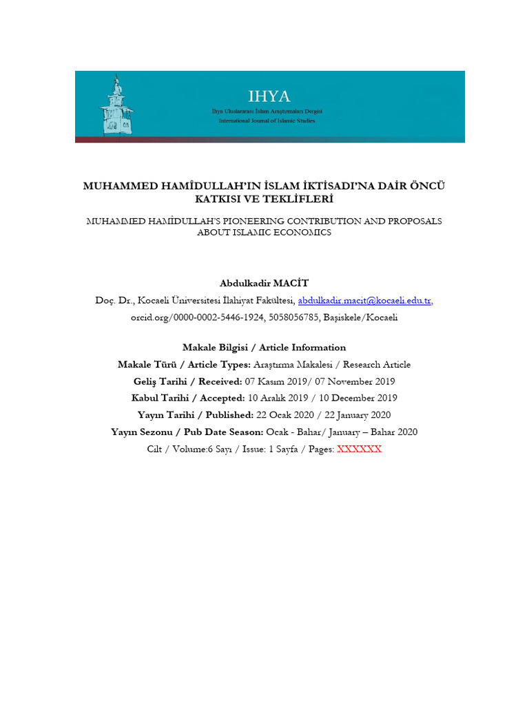 Muhammed Hamîdullah'ın İslam İktisadı'na Dair Öncü Katkısı Ve Teklifleri-A. Macit | PDF