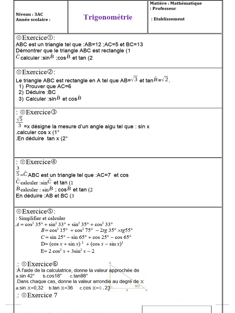 Trigonometrie Serie Dexercices Maths 3AC Word 1 | PDF