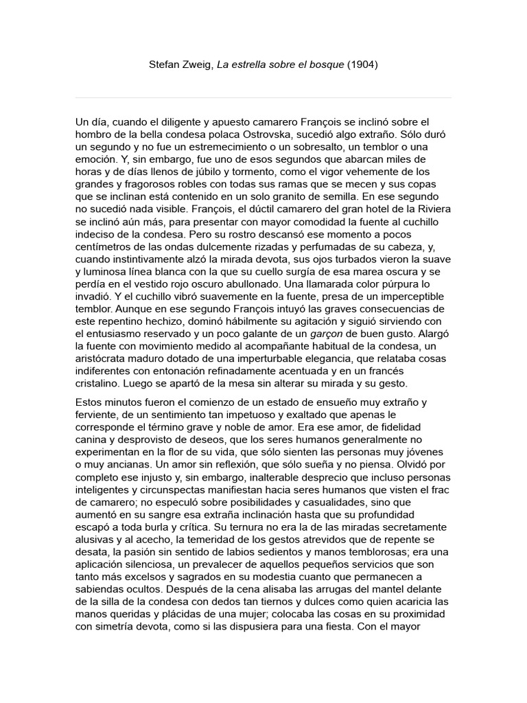 Stefan Zweig LA ESTRELLA SOBRE EL BOSQUE | PDF | Amor