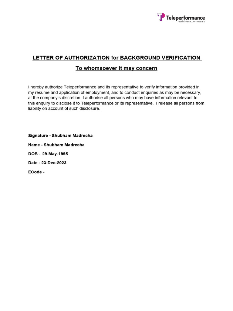 LETTER OF AUTHORIZATION For Verification | PDF