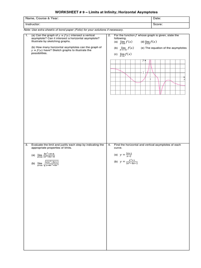 WORKSHEET # 9 - Limits at Infinity Horizontal Asymptotes | PDF