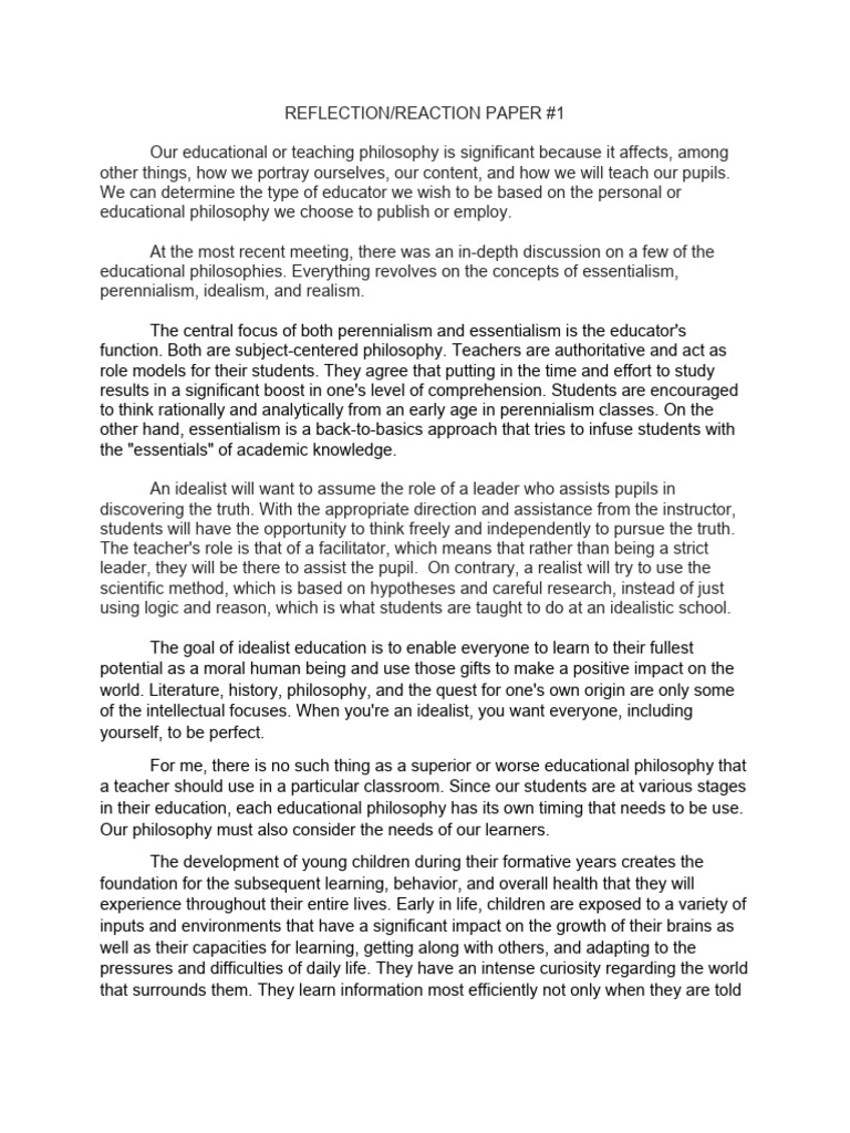Reflection Reaction Paper Final | PDF | Philosophy Of Education | Learning