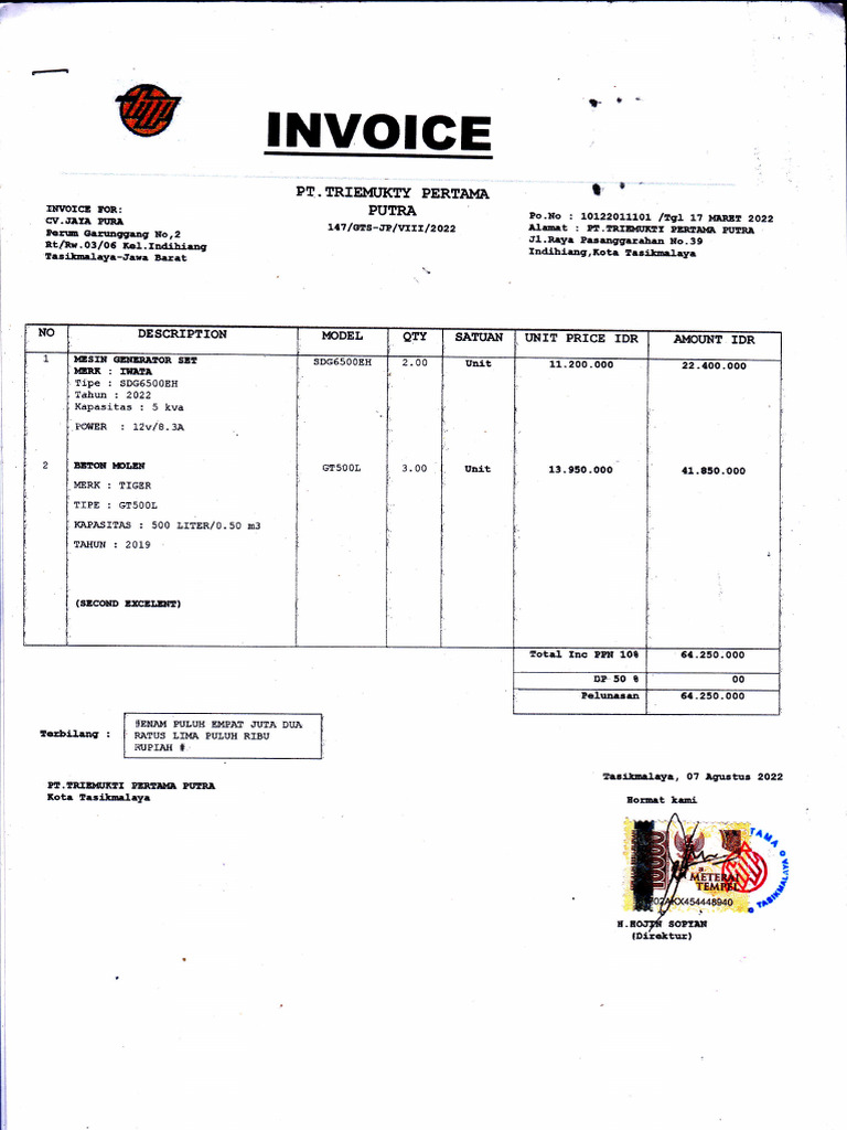 INVOICE GENSET 5 KVA | PDF
