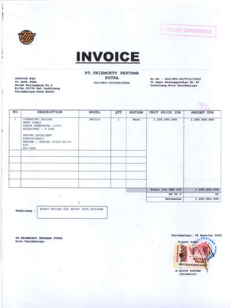 Invoice Vibratory Roller Sakai 8 Ton | PDF