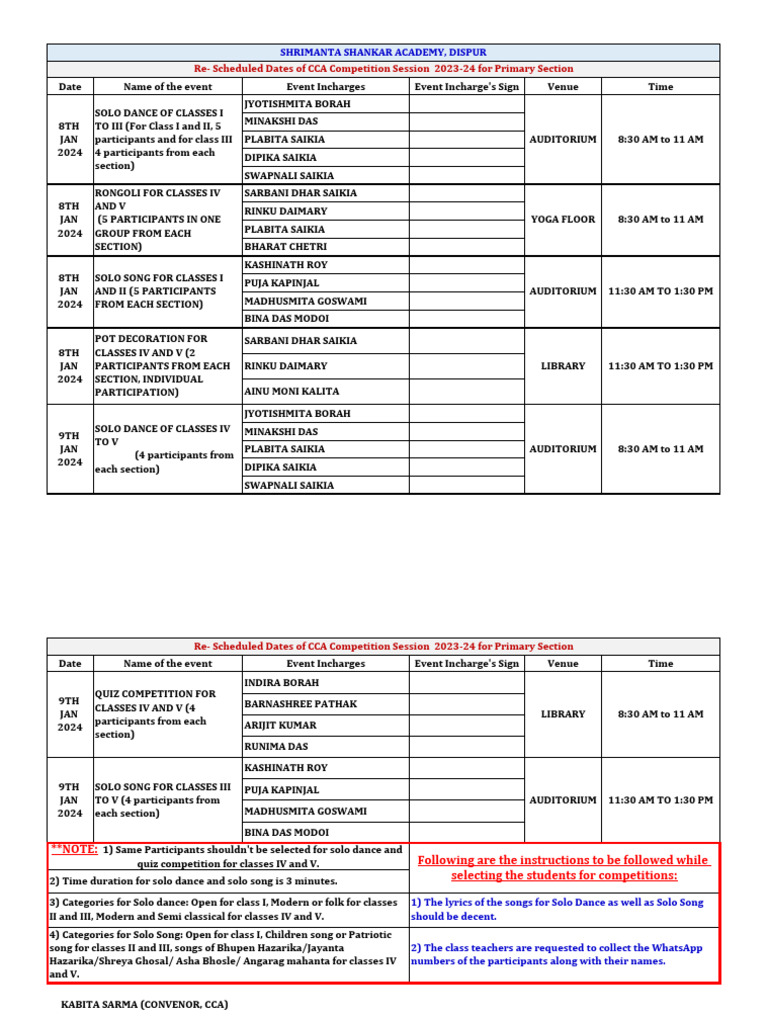 Primary Section Cca Re-Schedule Dates For January 2023 | PDF