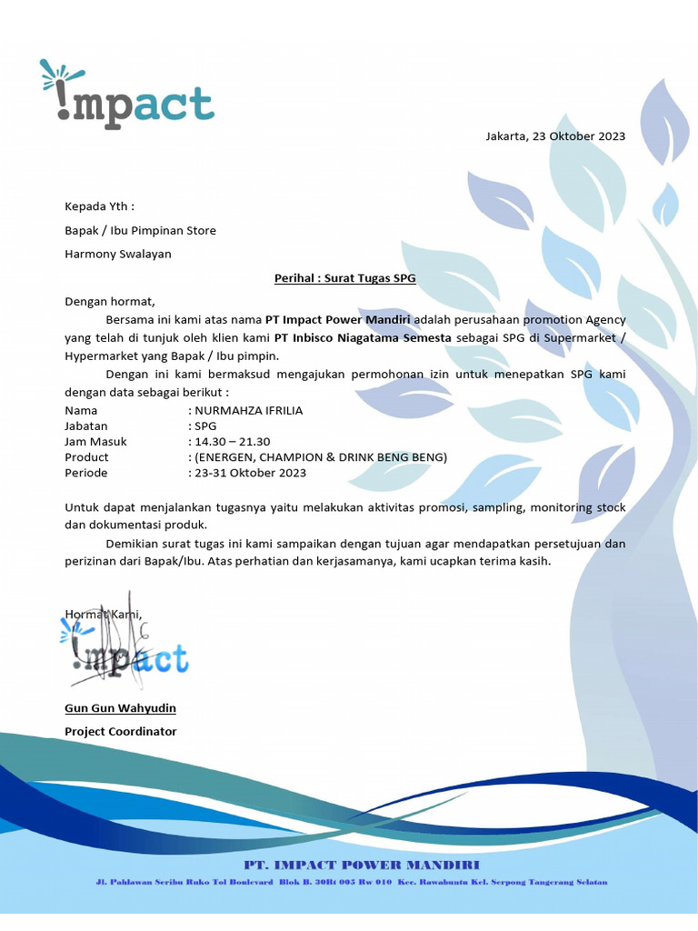 Surat Tugas SPG di Swalayan | PDF