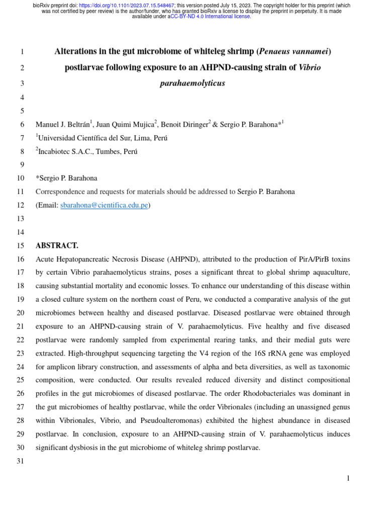 Alterations in The Gut Microbiome of Whiteleg Shrimp (Penaeus Vannamei ...