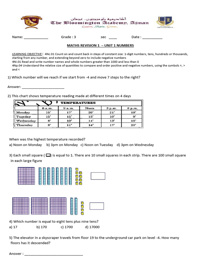 Maths Unit 1 Revision 1-1 | PDF