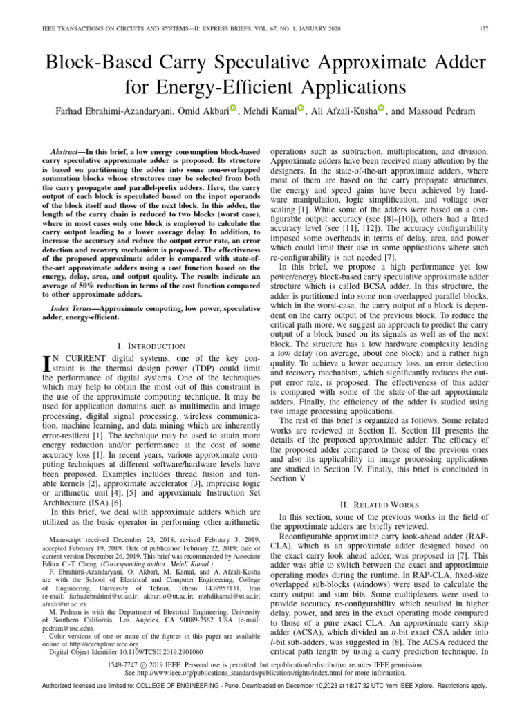 Block-Based Carry Speculative Approximate Adder For Energy-Efficient Applications | PDF