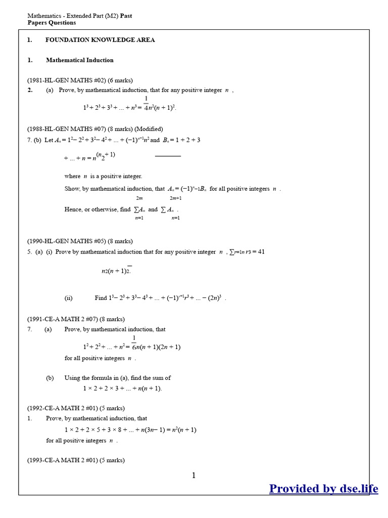 Provided by Dse - Life: Papers Questions 1. Foundation Knowledge Area 1. Mathematical Induction ...