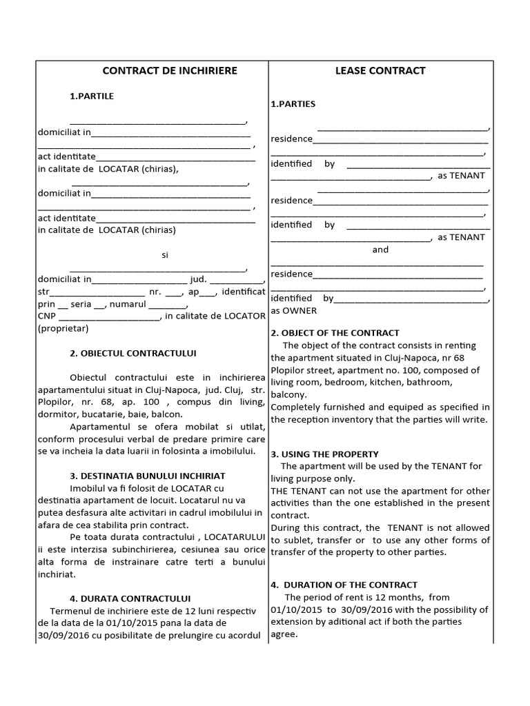 Contract Inchiriere Romano-Englez | PDF | Renting | Private Law