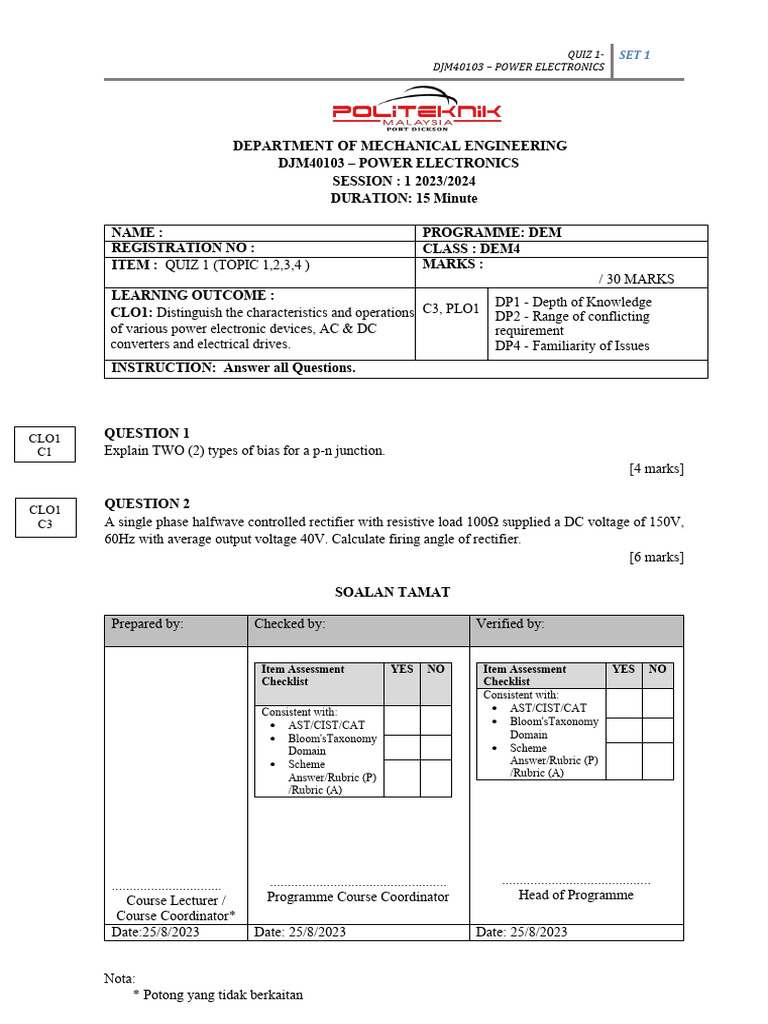 Power Electronics Quiz 1 Overview | PDF