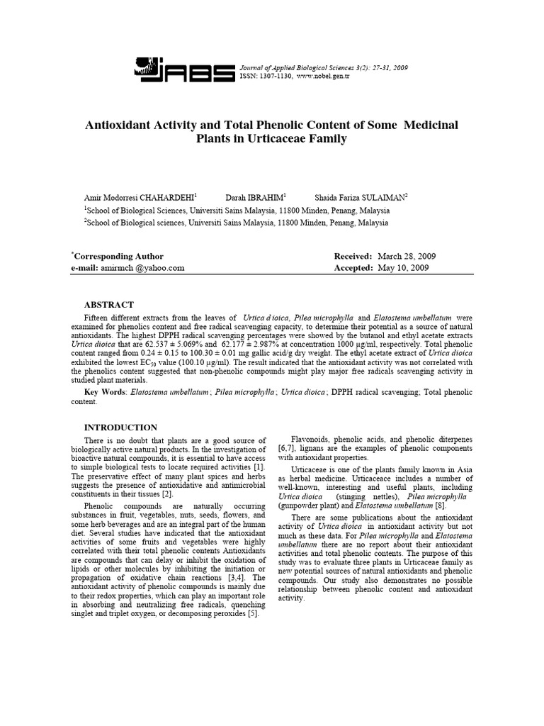 Antioxidant Activity and Total Phenolic Content of Some Medicinal Plants in Urticaceae Family ...