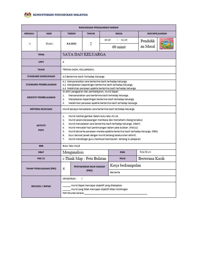 RPH Unit 4 Pendidikan Moral Tahun 2 | PDF