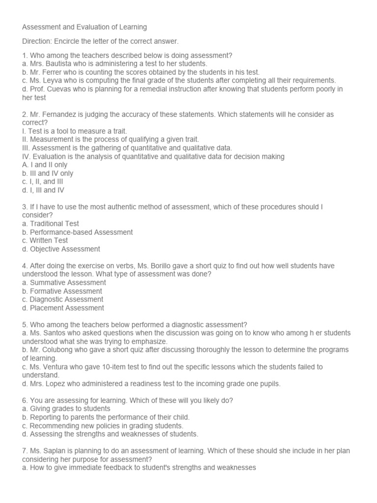 Assessment and Evaluation of Learning-Prof - Ed | PDF | Educational ...