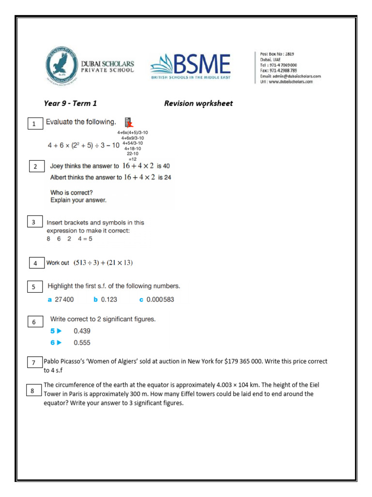 Y9-Term ..1 - Maths Revision Sheet 1 | PDF