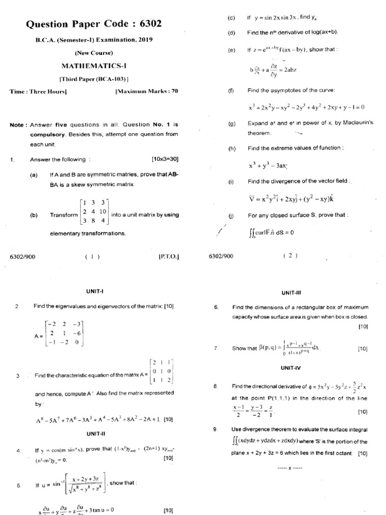 Bca 1 Sem Mathematics 1 6302 2019 | PDF
