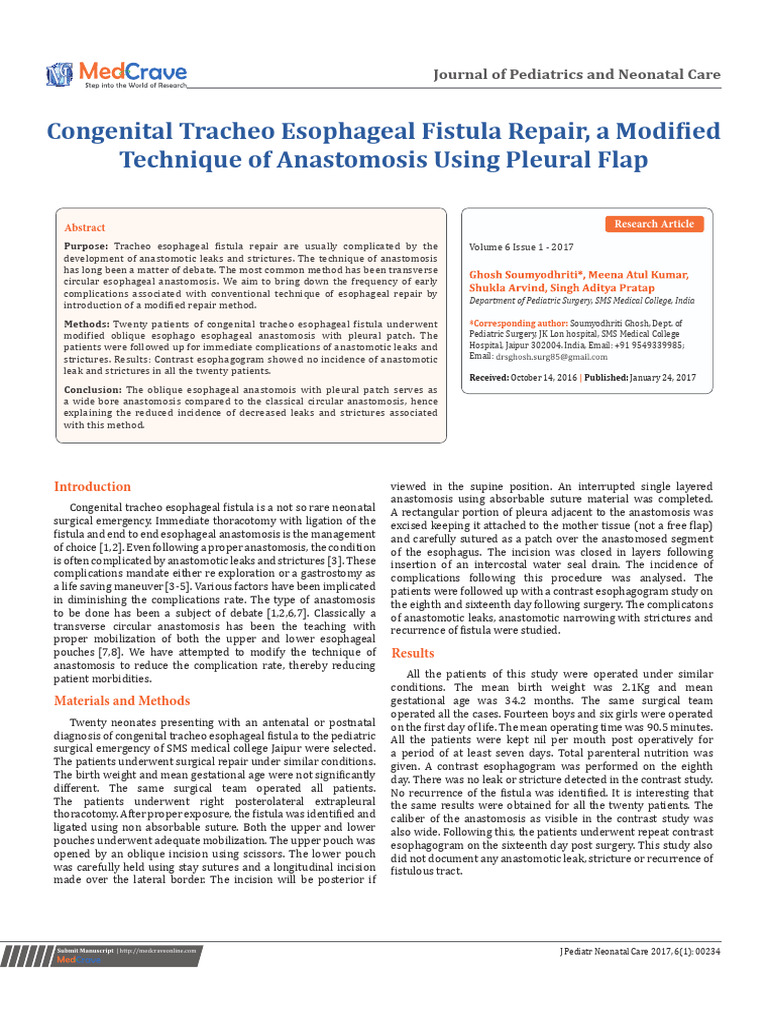 Congenital TEF - A Modified Technique of Anastomosis Using Pleural Flap | PDF | Surgery ...
