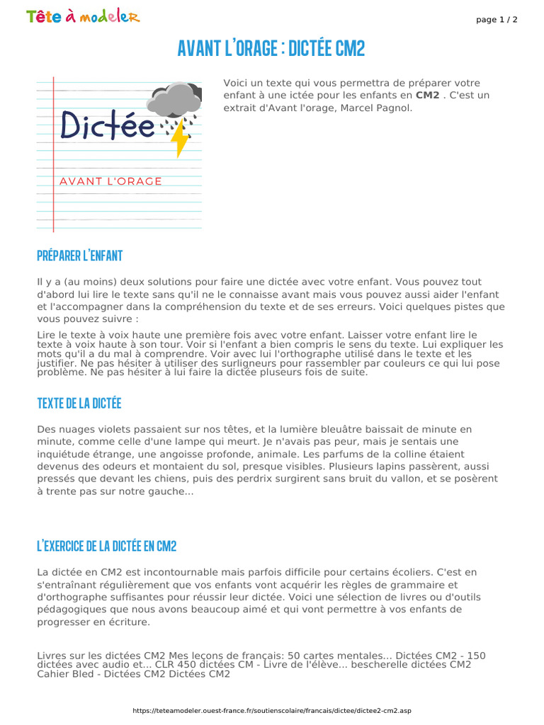 Dictée CM2 : Avant l'orage de Pagnol | PDF | Arts du langage et discipline