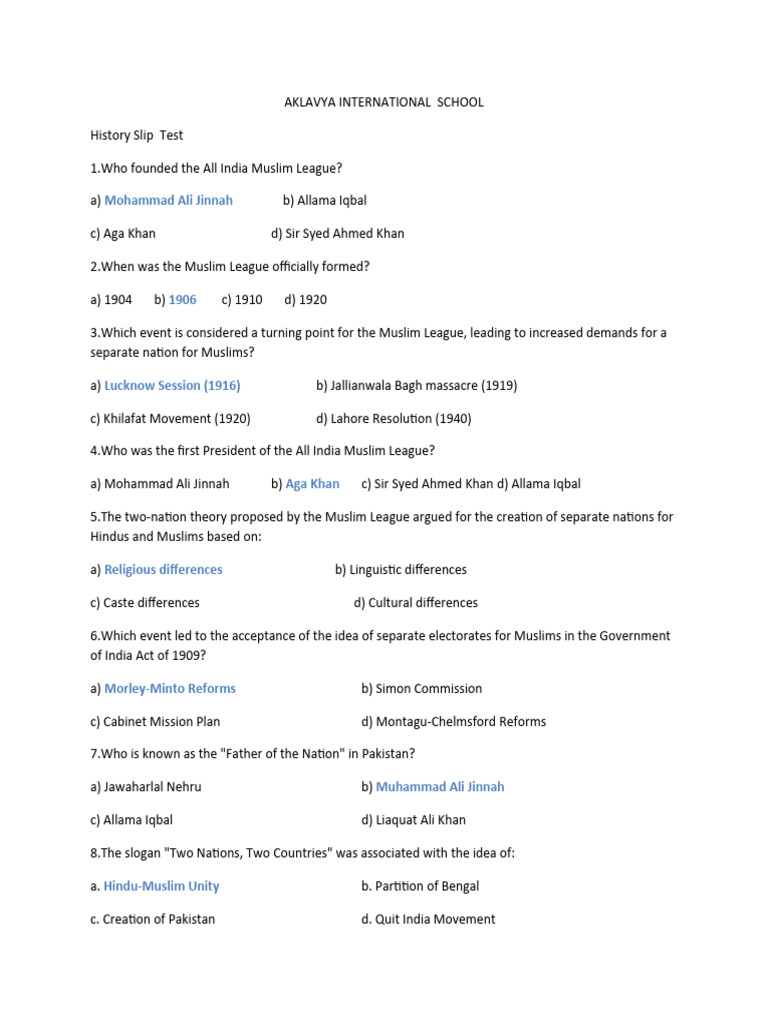 Muslim League History Quiz Questions | PDF