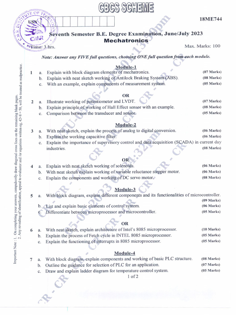 VTU Question Paper of 18ME744 Mechatronics June-July-2023 | PDF VTU Question Paper of 18ME744 Mechatronics June-July-2023 | PDF