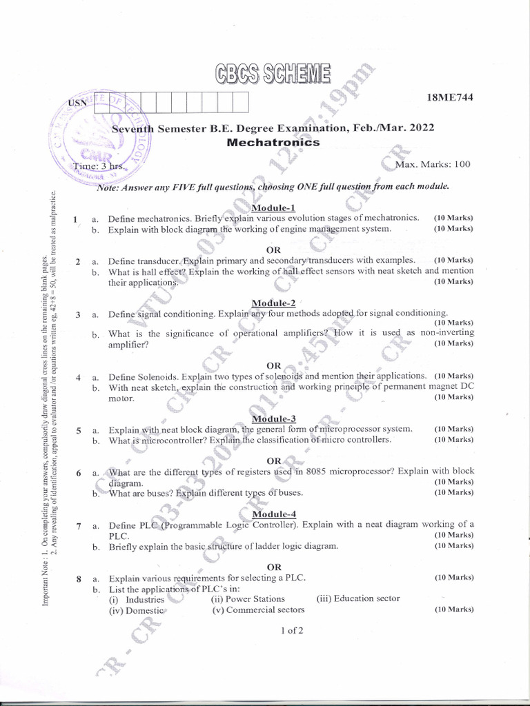 VTU Question Paper of 18ME744 Mechatronics Feb-2022 | PDF