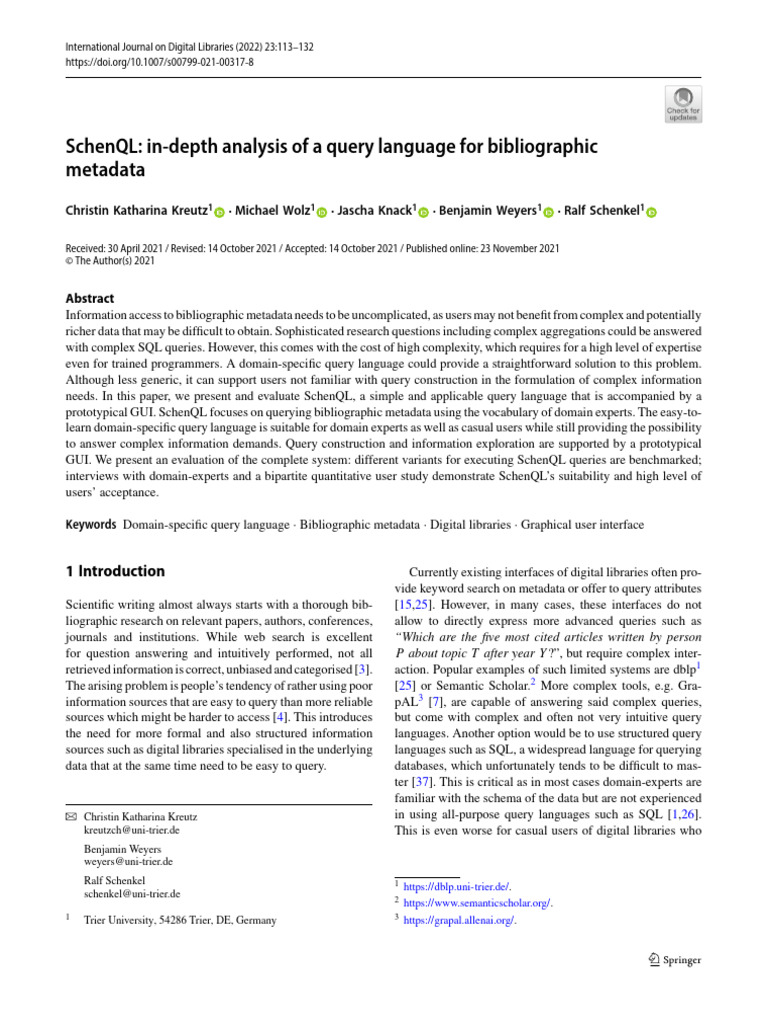 Schenql: In-Depth Analysis of A Query Language For Bibliographic ...