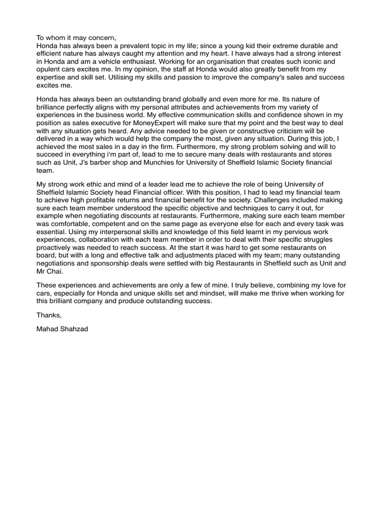 Honda Cover Letter | PDF