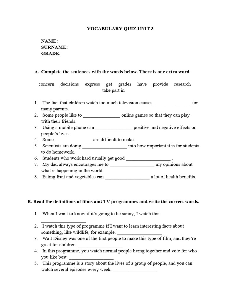 A2 Vocab Quiz Unit 3 | PDF A2 Vocab Quiz Unit 3 | PDF