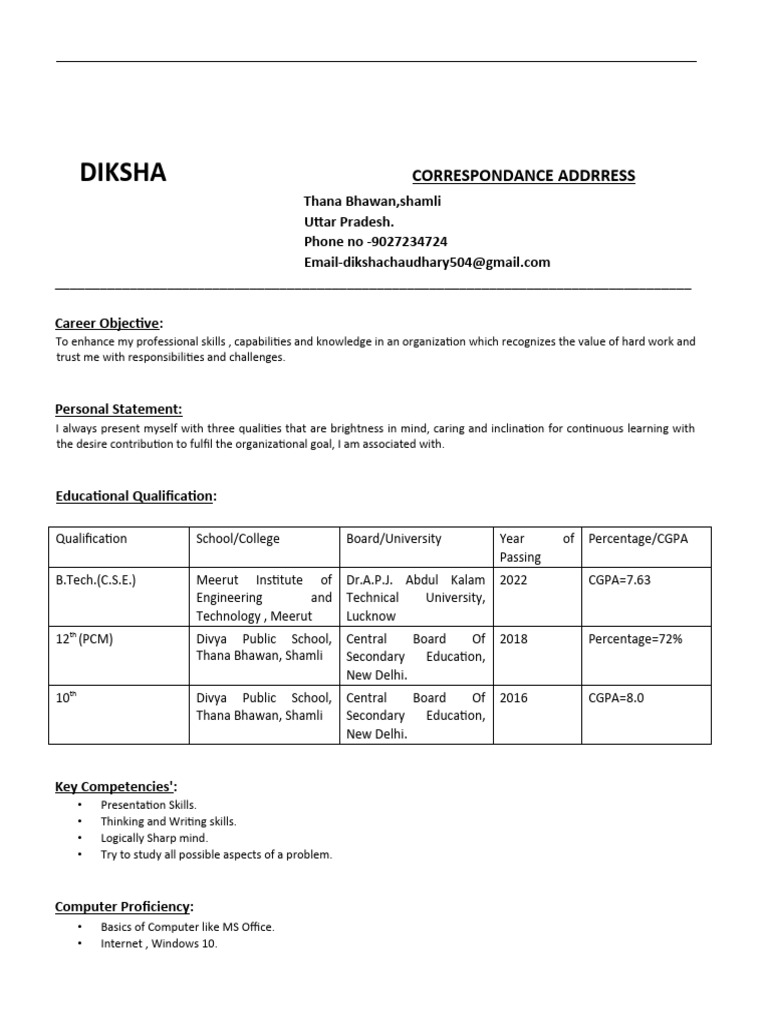 623007208-Diksha-Resume | PDF | Cognition | Learning