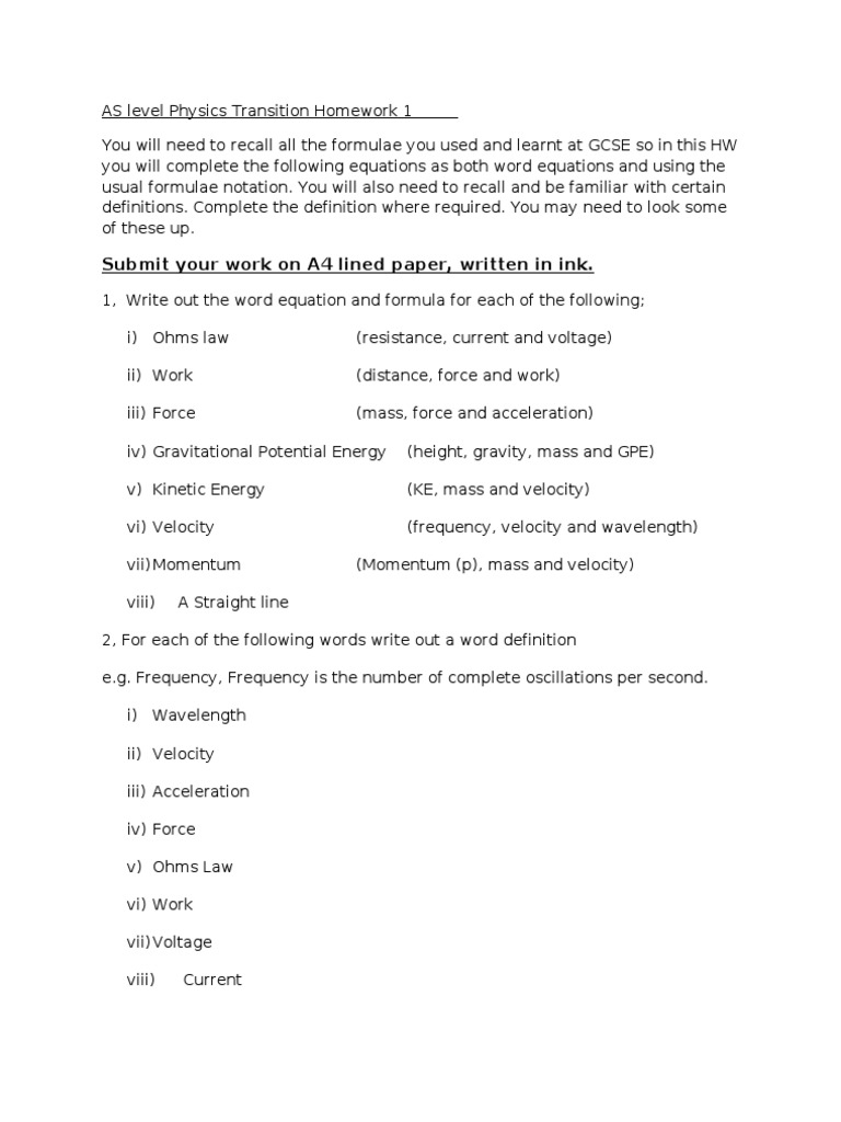 As Level Physics Transition Homework 1 | PDF