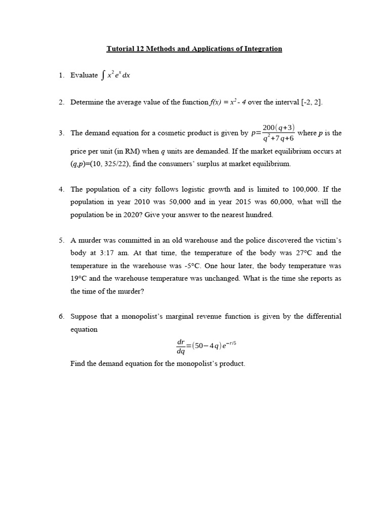 Tutorial 12 Methods and Applications of Integration | PDF