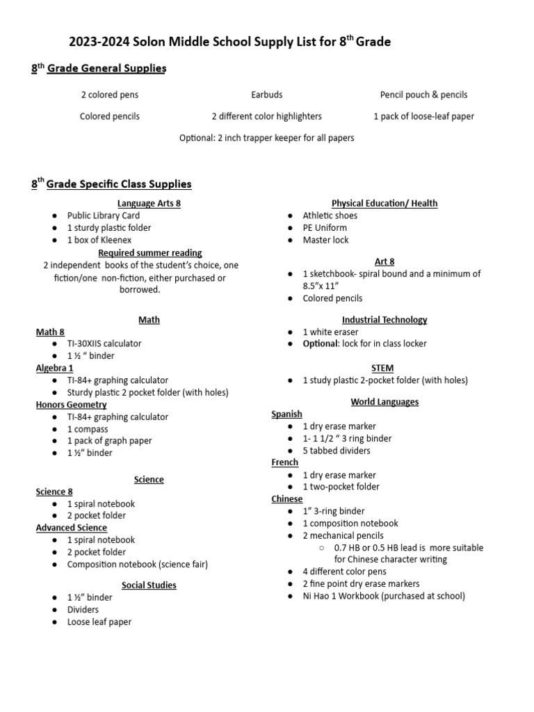 Solon Middle School Grade 8 Supply List 2023-24 - Edited | PDF ...