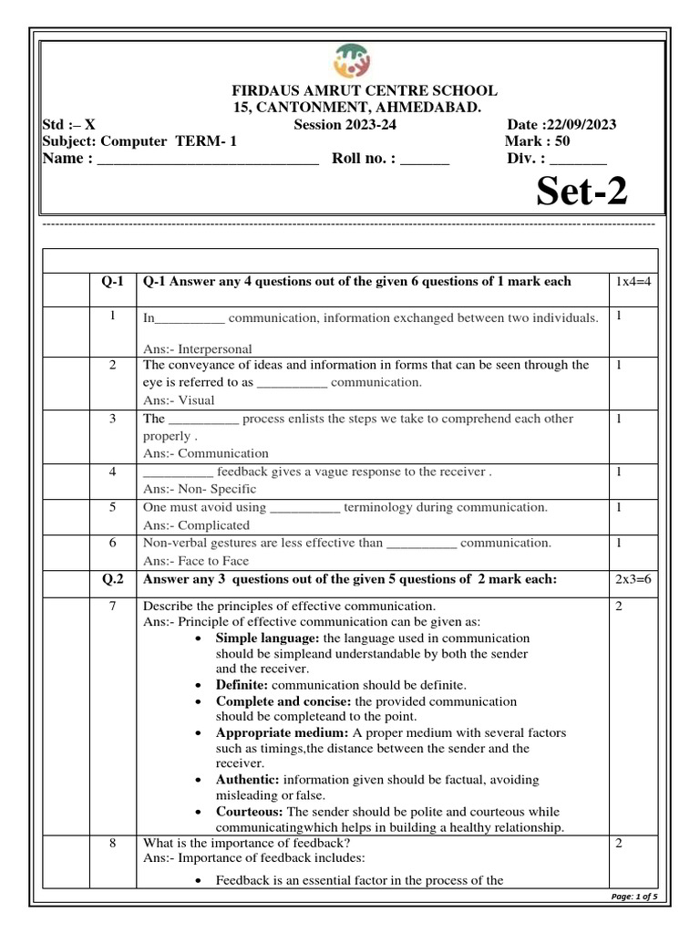 Std-10 IT - 402 ANSWERKEY T-1 - SET - 2 2023-24 | PDF