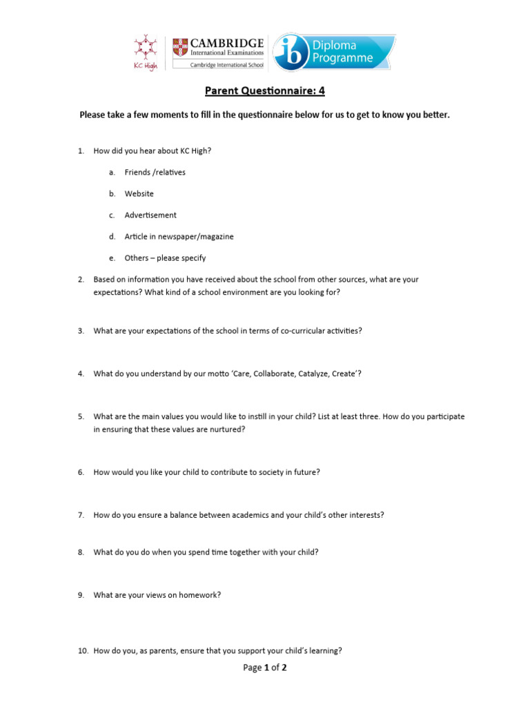 KC High Parent Questionnaire Form | PDF | Teachers
