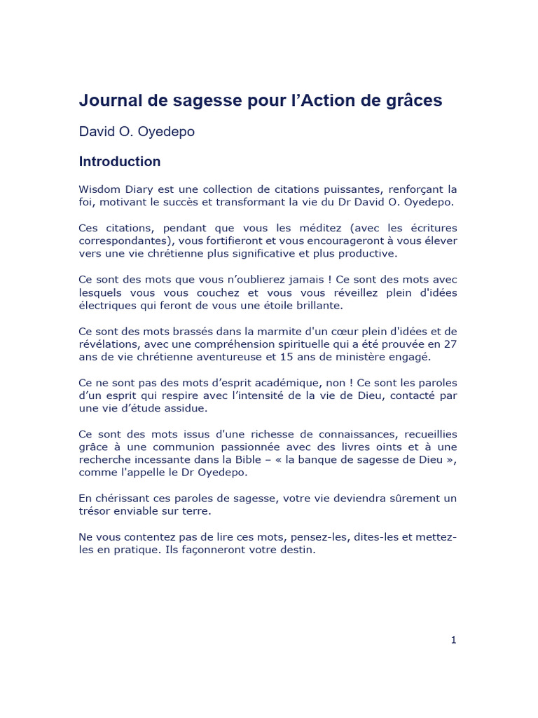 Journal de sagesse pour action de grâces _ David Oyedepo | PDF