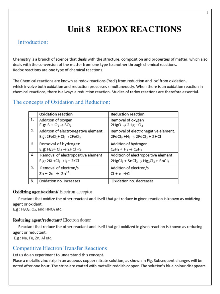 REDOX REACTIONS NOTES-Unit 8 | PDF | Redox | Chemical Reactions