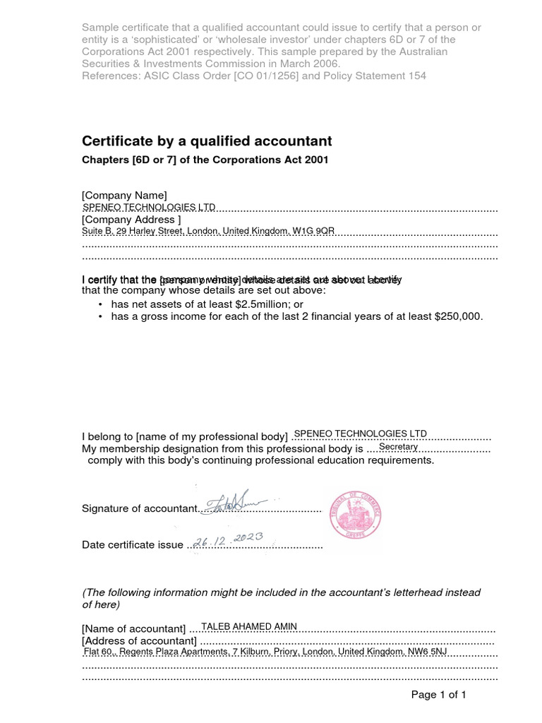 Accountant's Certificate for Wholesale Investors | PDF | Accountant ...