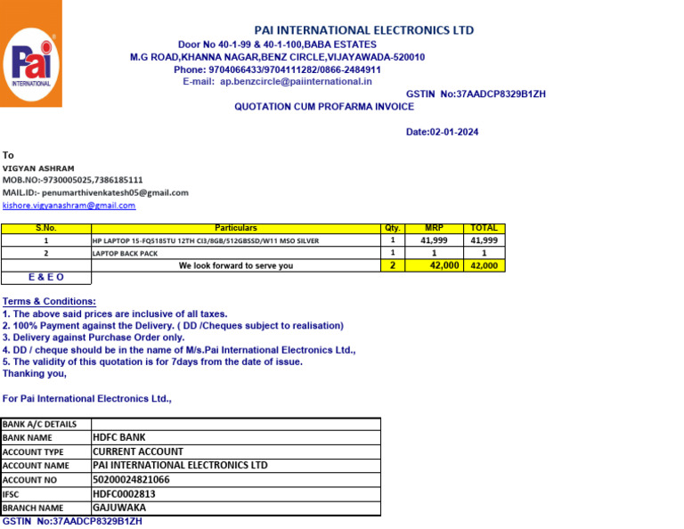 Quotation Invoice for HP Laptop Purchase | PDF | Technology & Engineering