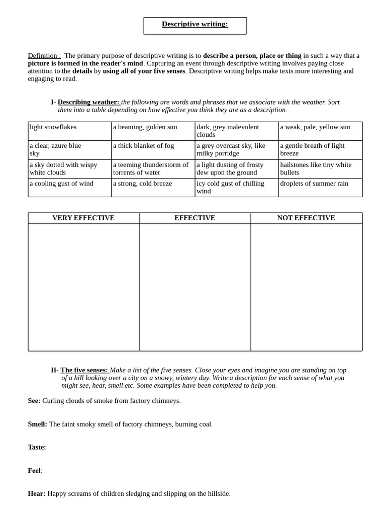 Student Worksheet Descriptive Writing | PDF