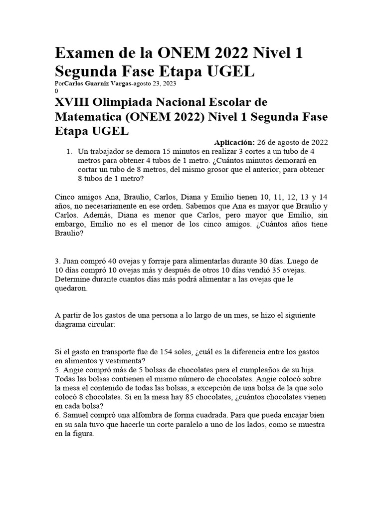 Examen de La ONEM 2022 Nivel 1 Segunda Fase Etapa UGEL | PDF