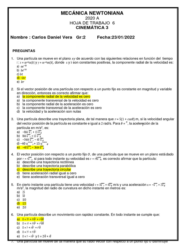 Hoja 6 Vera Carlos Mecanica Newtoniana | PDF | Aceleración | Velocidad