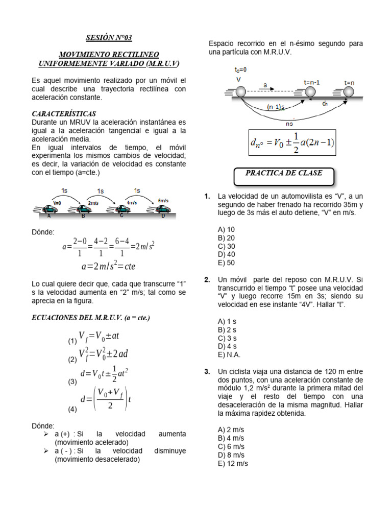 Sesión N°03 - Movimiento Rectilineo Uniformemente Variado | PDF | Aceleración | Velocidad