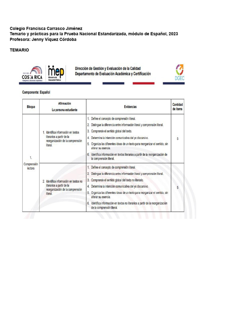 Temario y Práctica, Prueba Estandarizada. Español, 2023 | PDF