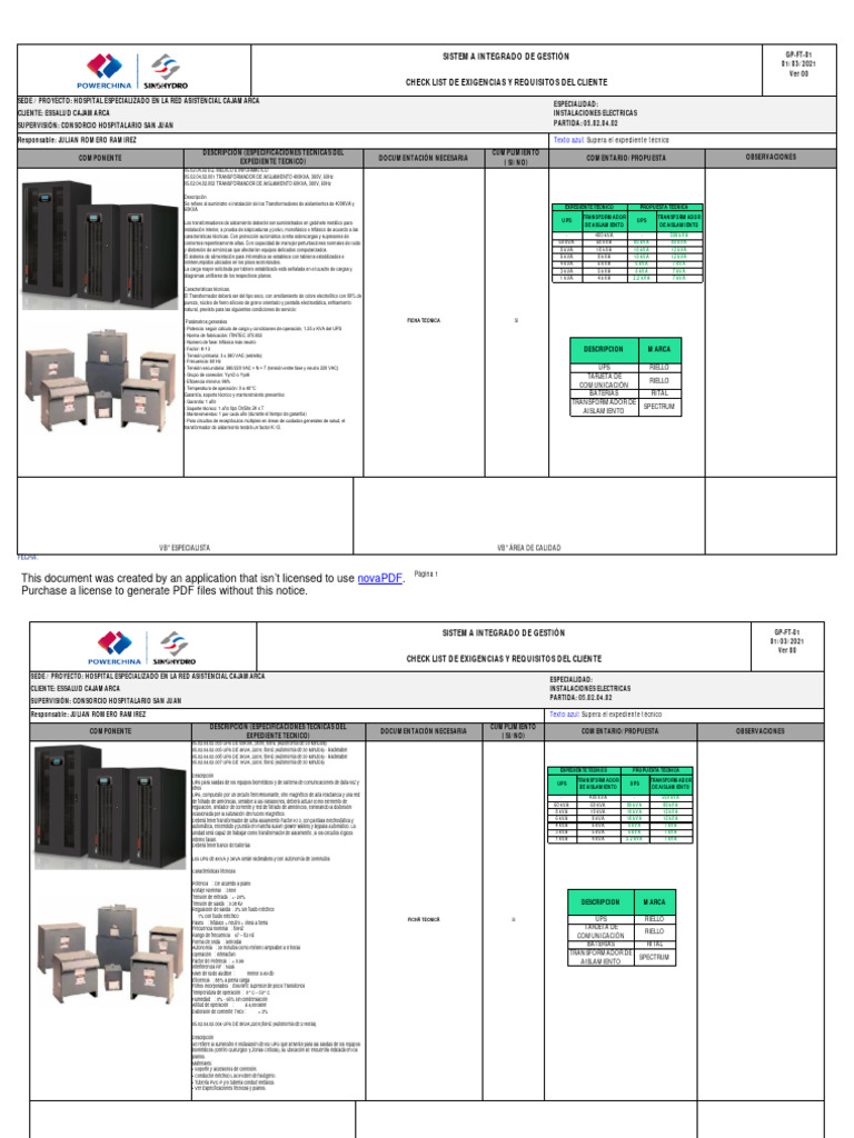 GP-FT-01 Check list exigencias y requisitos del cliente - SOLICITO APROBACION DE UPS Y ...