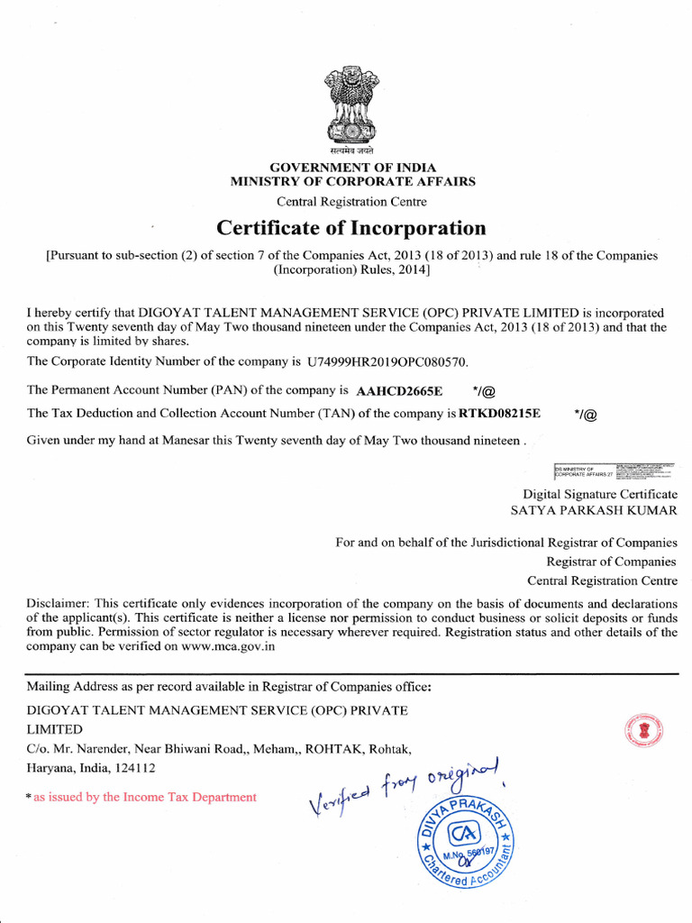 Certificate: Incorporation | PDF