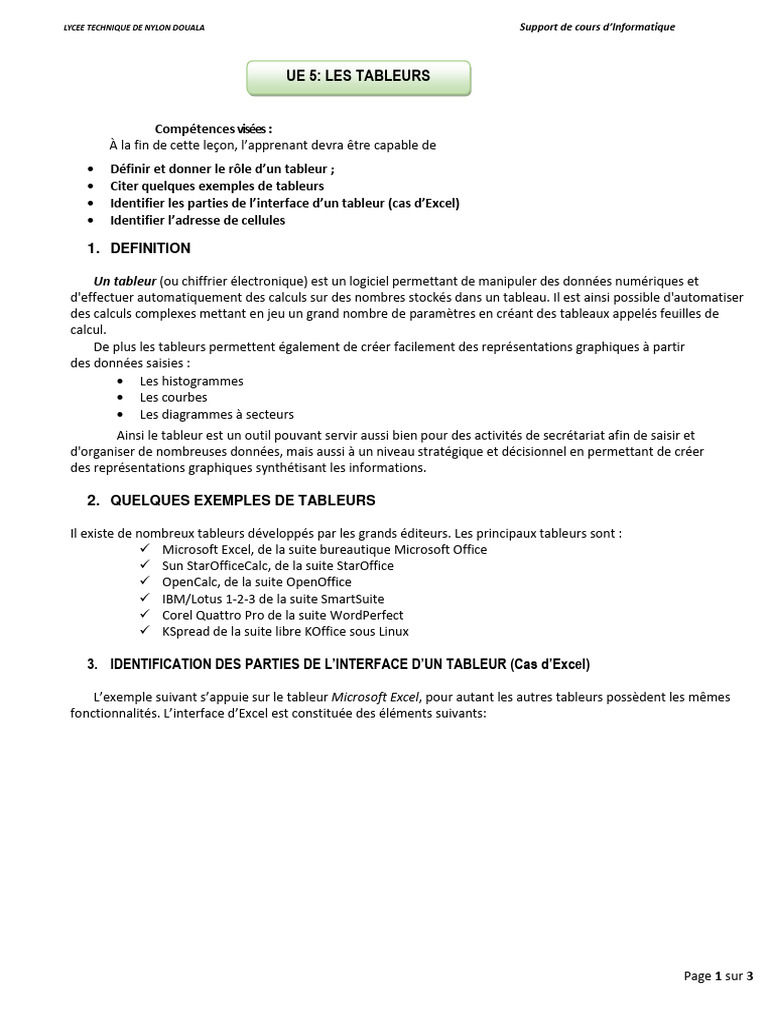 UE 6. Les Tableurs | PDF