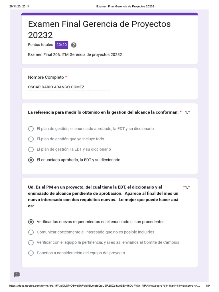Examen Final Gerencia de Proyectos 20232 | PDF | Negocios | Tecnología