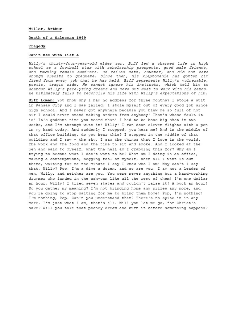 Biff Loman-Death of A Salesman by Arthur Miller | PDF
