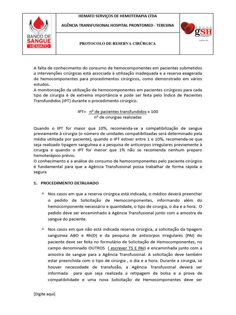 Reserva de Sangue - Protocolo | PDF | Transfusão de sangue | Especialidades médicas